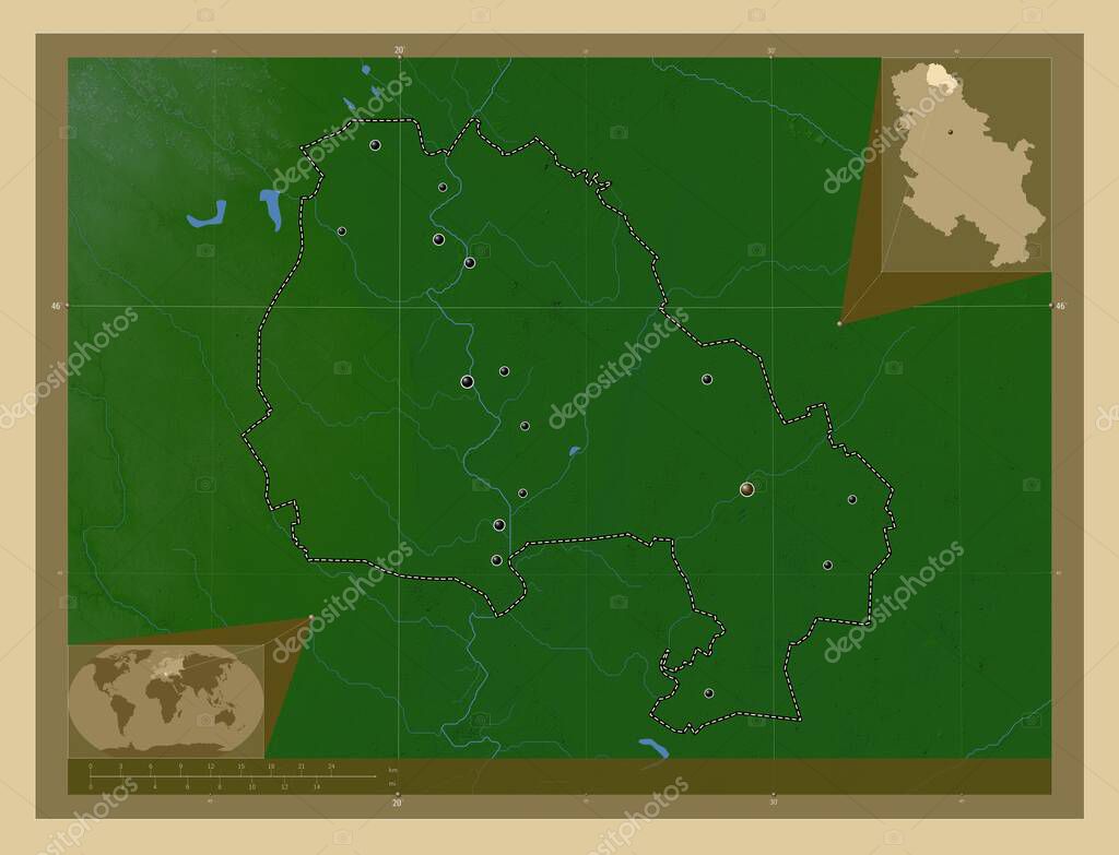 Severno-Banatski, distrito de Serbia. Mapa de elevación de colores con ...