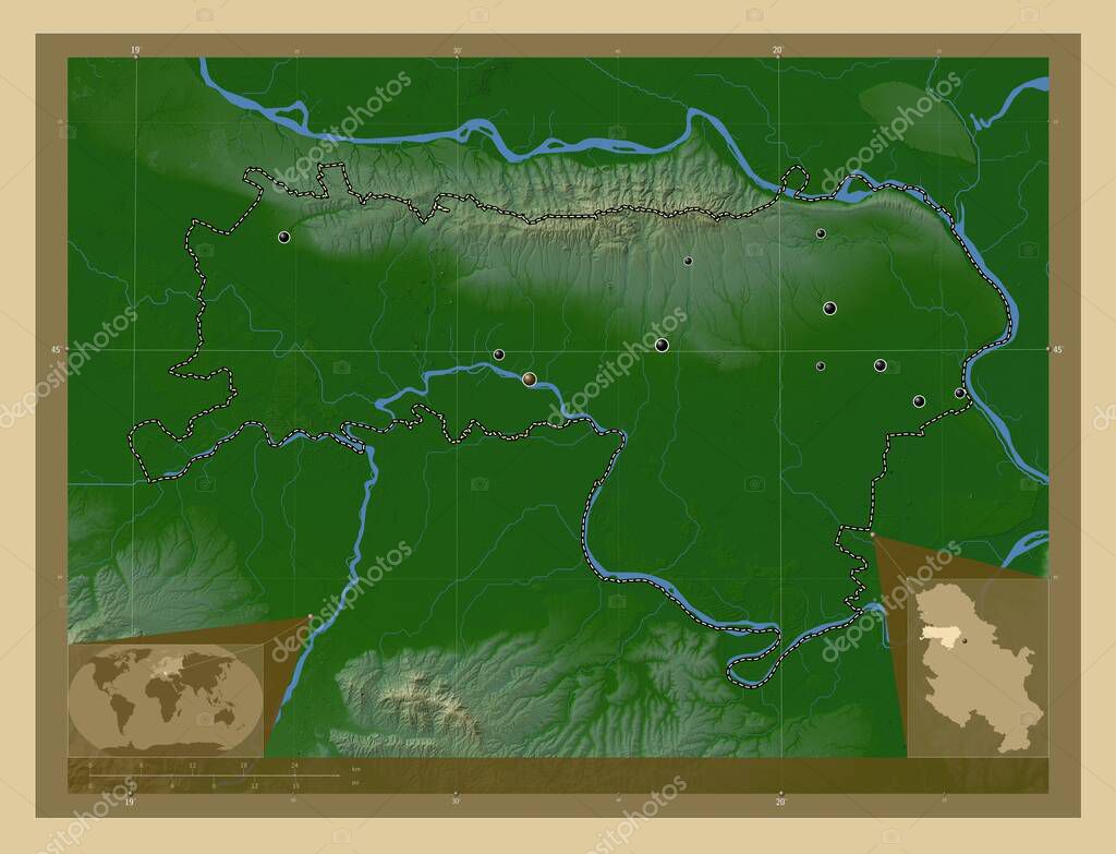 Sremski, district of Serbia. Colored elevation map with lakes and ...