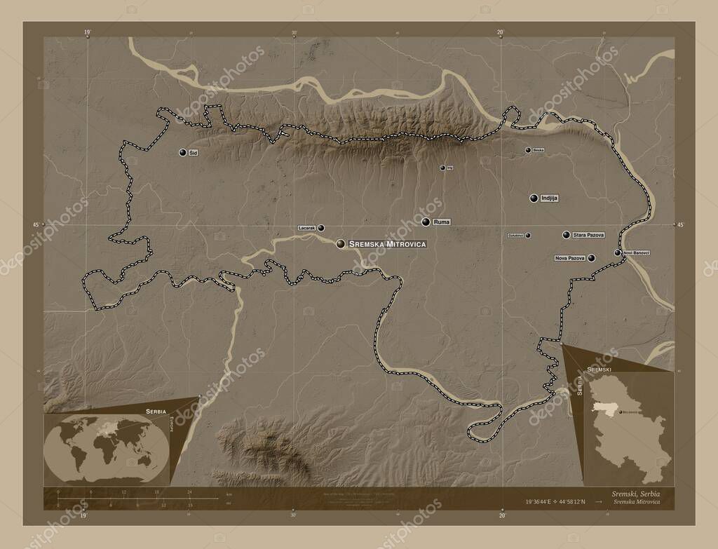 Sremski, distrito de Serbia. Mapa de elevación coloreado en tonos sepia ...