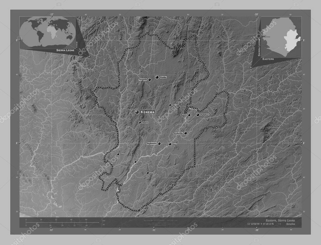 Este, provincia de Sierra Leona. Mapa de elevación a escala de grises ...