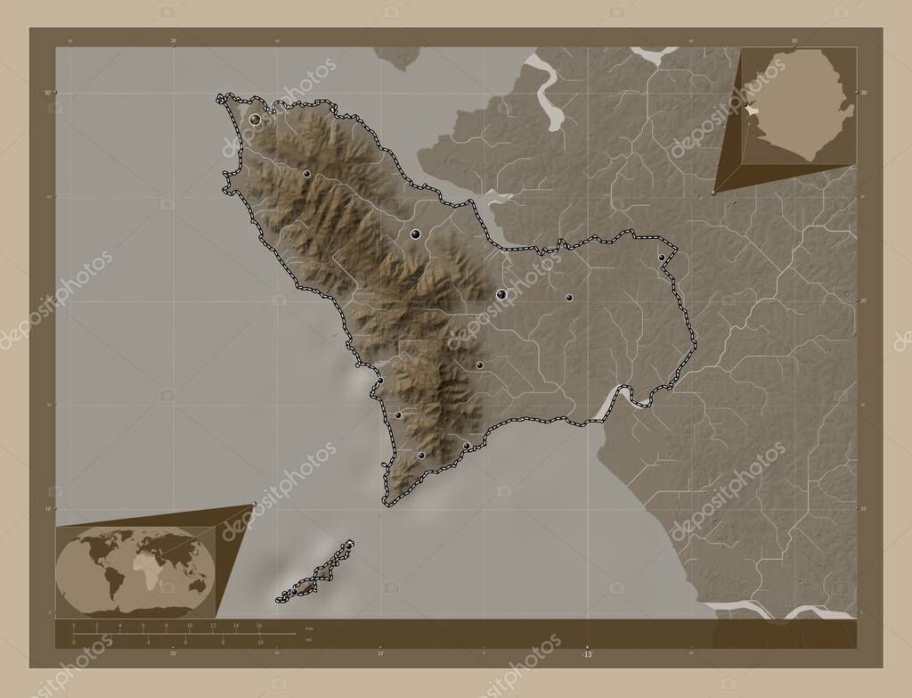 Oeste, provincia de Sierra Leona. Mapa de elevación coloreado en tonos ...