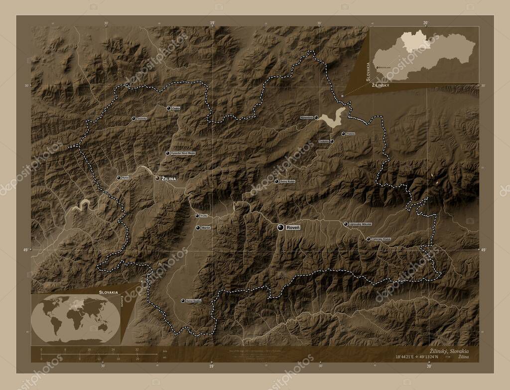 Zilinsky, region of Slovakia. Elevation map colored in sepia tones with ...