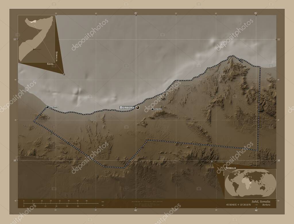 Sahil, region of Somalia. Elevation map colored in sepia tones with ...