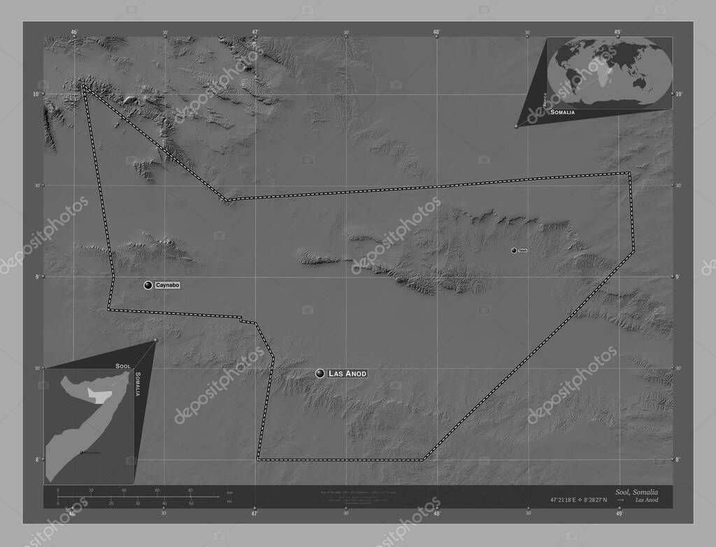 Sool, region of Somalia. Bilevel elevation map with lakes and rivers ...