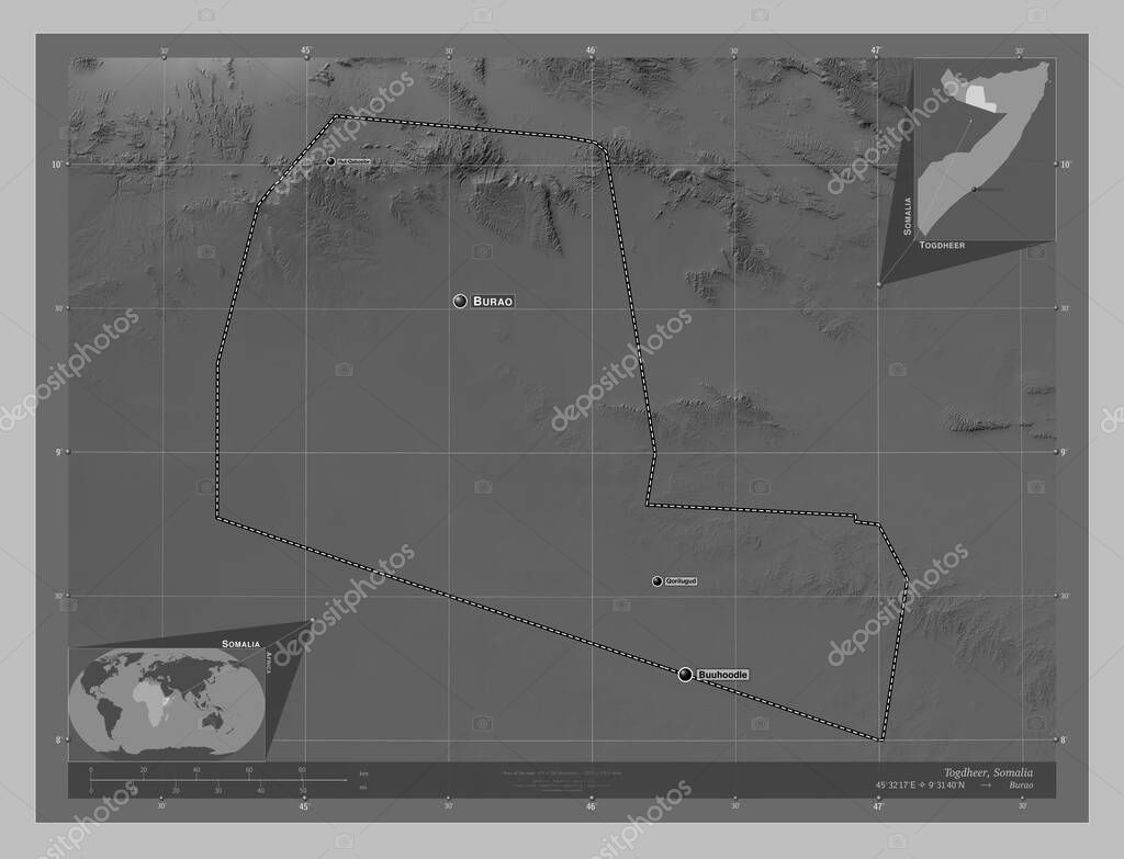 Togdheer, region of Somalia. Grayscale elevation map with lakes and ...
