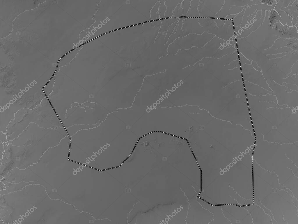 Bakool, region of Somalia Mainland. Grayscale elevation map with lakes ...