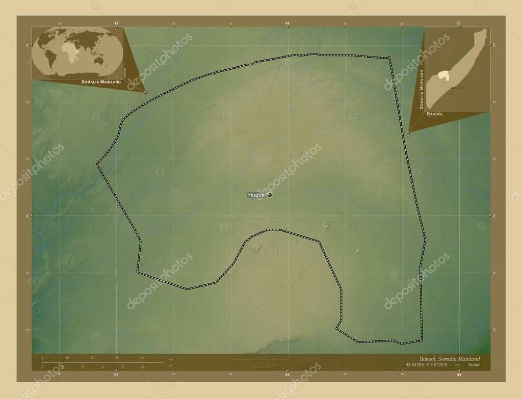 Bakool, region of Somalia Mainland. Colored elevation map with lakes ...