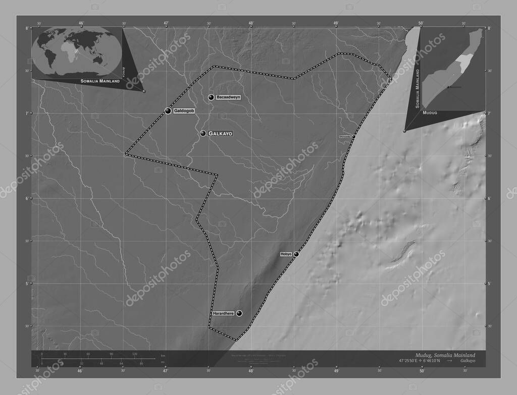 Mudug, region of Somalia Mainland. Bilevel elevation map with lakes and rivers. Locations and ...