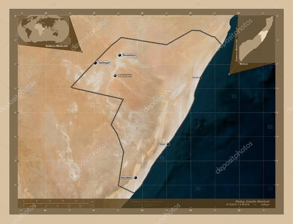 Mudug, region of Somalia Mainland. Low resolution satellite map. Locations and names of major ...