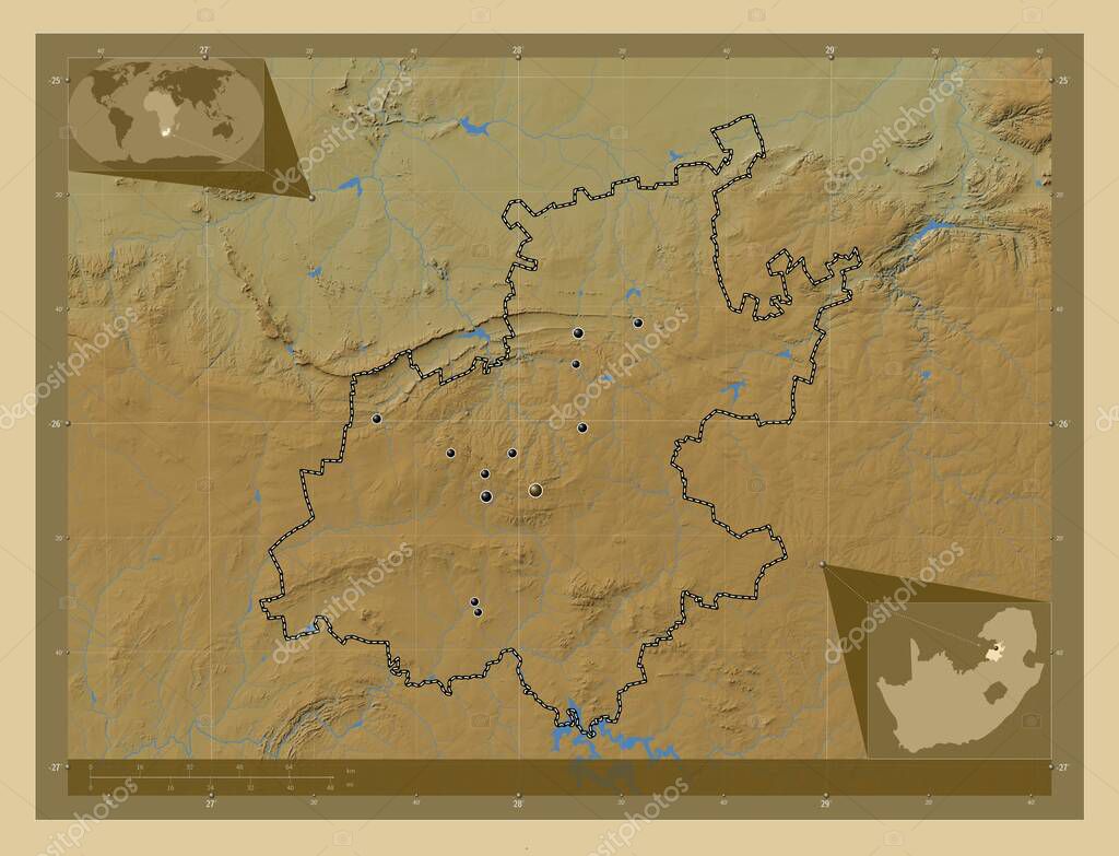 Gauteng, province of South Africa. Colored elevation map with lakes and ...