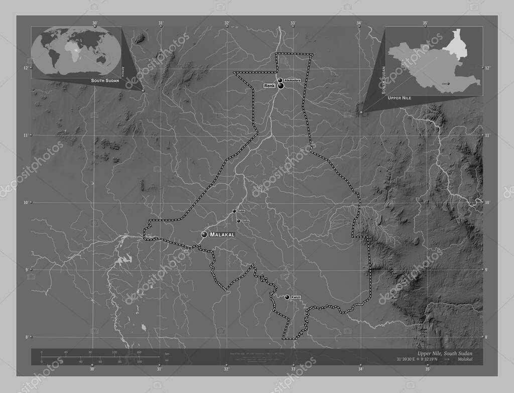 Upper Nile, state of South Sudan. Grayscale elevation map with lakes ...