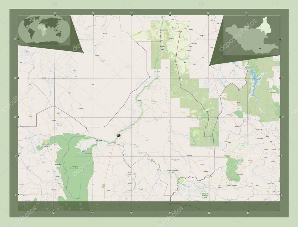 Upper Nile, state of South Sudan. Open Street Map. Corner auxiliary ...