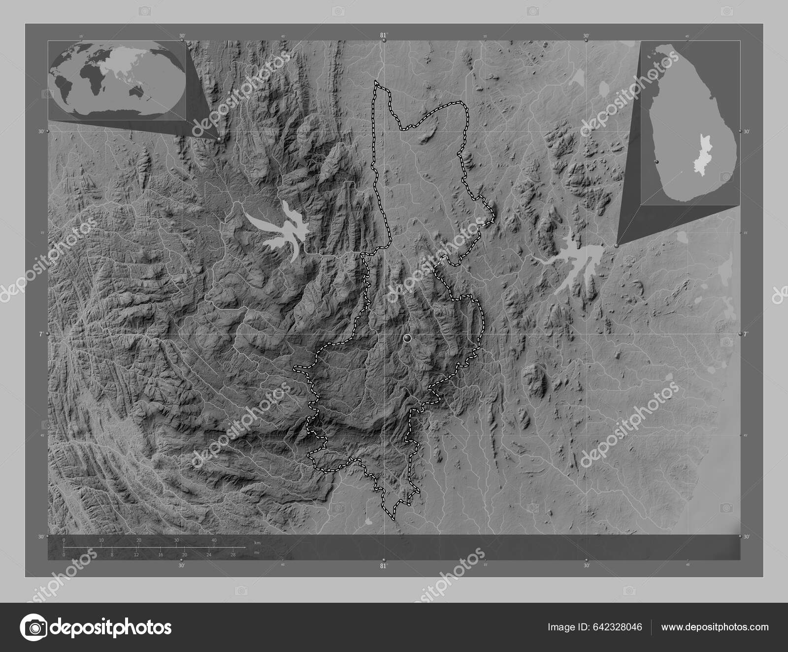Badulla District Sri Lanka Grayscale Elevation Map Lakes Rivers Corner ...