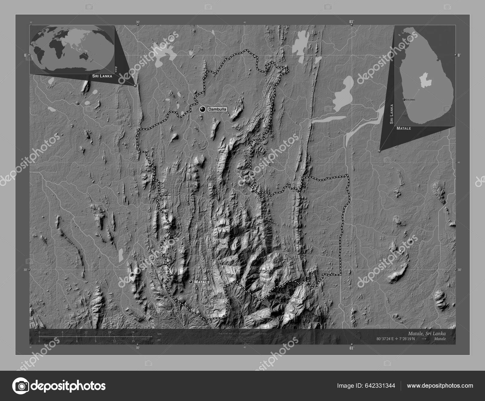 Matale District Sri Lanka Bilevel Elevation Map Lakes Rivers Locations ...