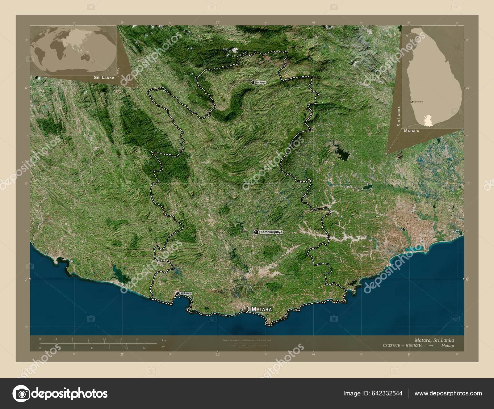 Matara District Sri Lanka High Resolution Satellite Map Locations Names ...