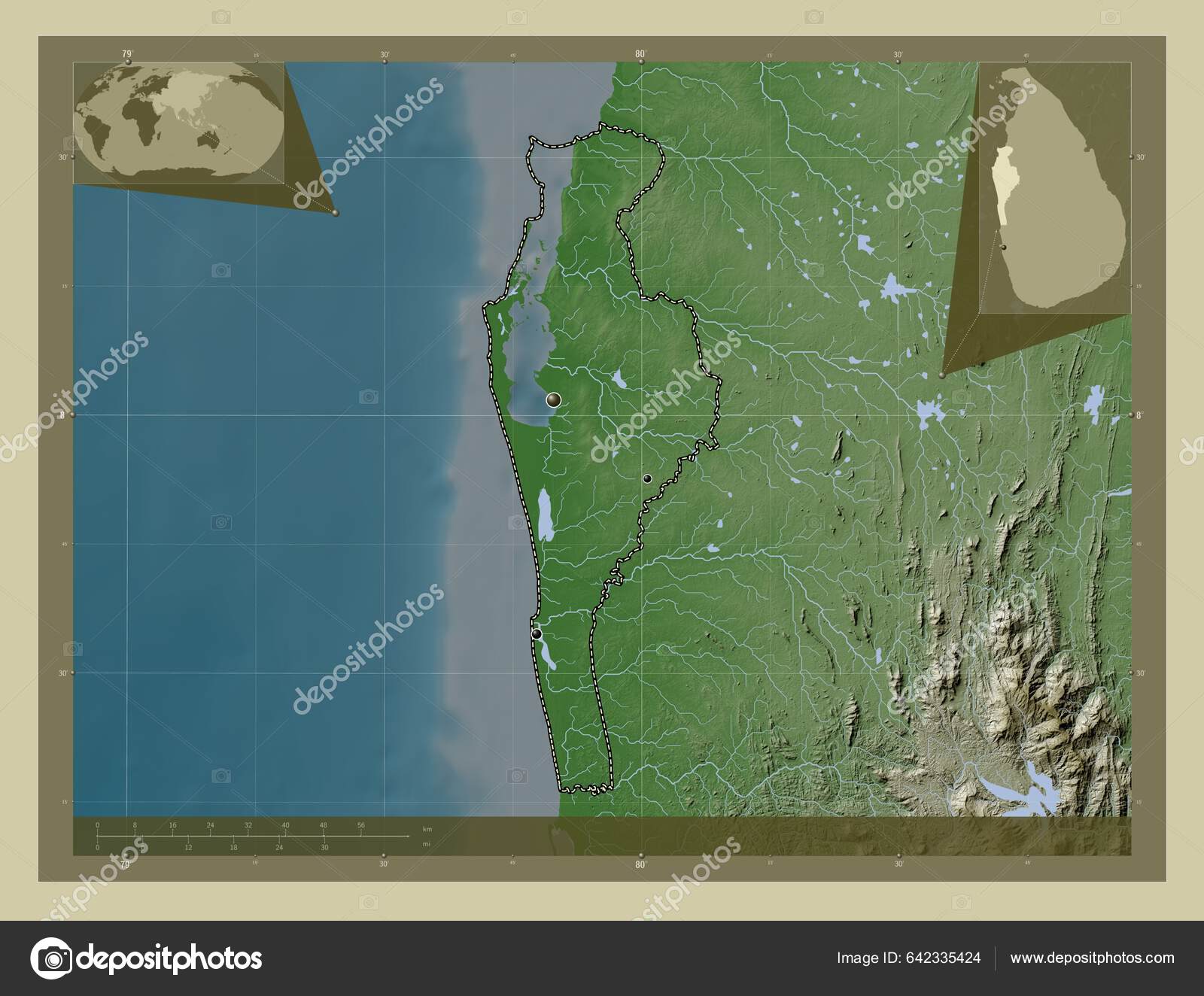 Puttalam District Sri Lanka Elevation Map Colored Wiki Style Lakes ...
