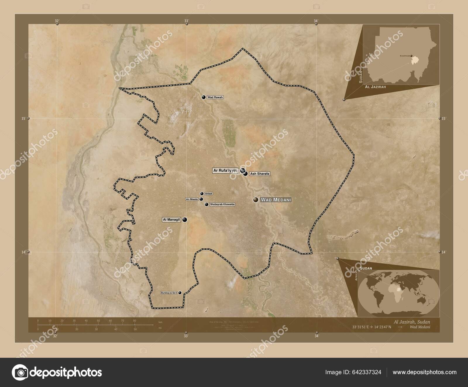 Jazirah State Sudan Low Resolution Satellite Map Locations Names Major ...