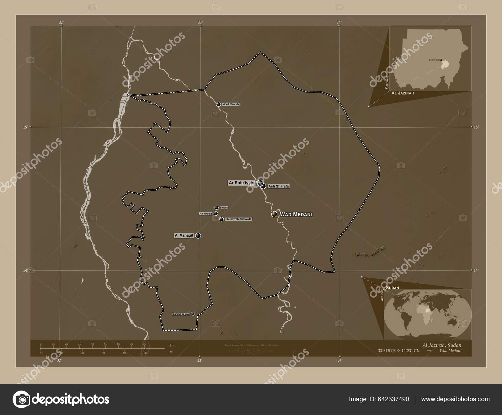 Jazirah State Sudan Elevation Map Colored Sepia Tones Lakes Rivers ...