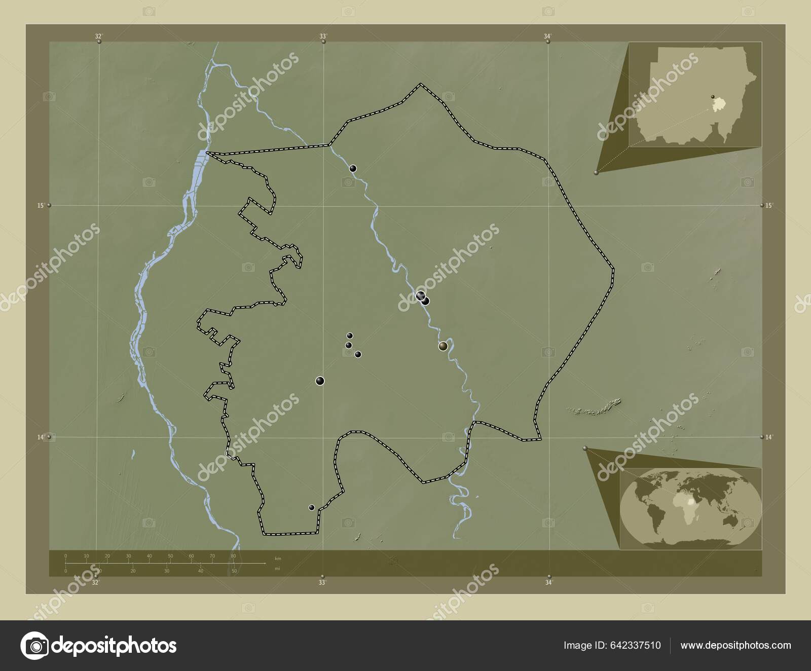Jazirah State Sudan Elevation Map Colored Wiki Style Lakes Rivers ...