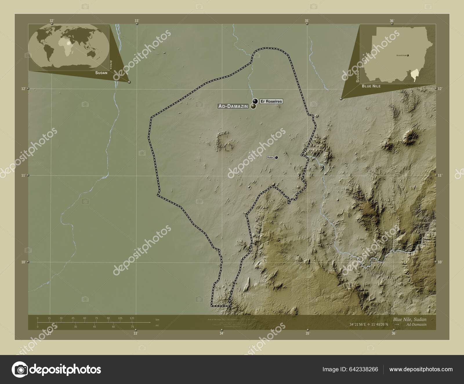 Blue Nile State Sudan Elevation Map Colored Wiki Style Lakes Stock ...