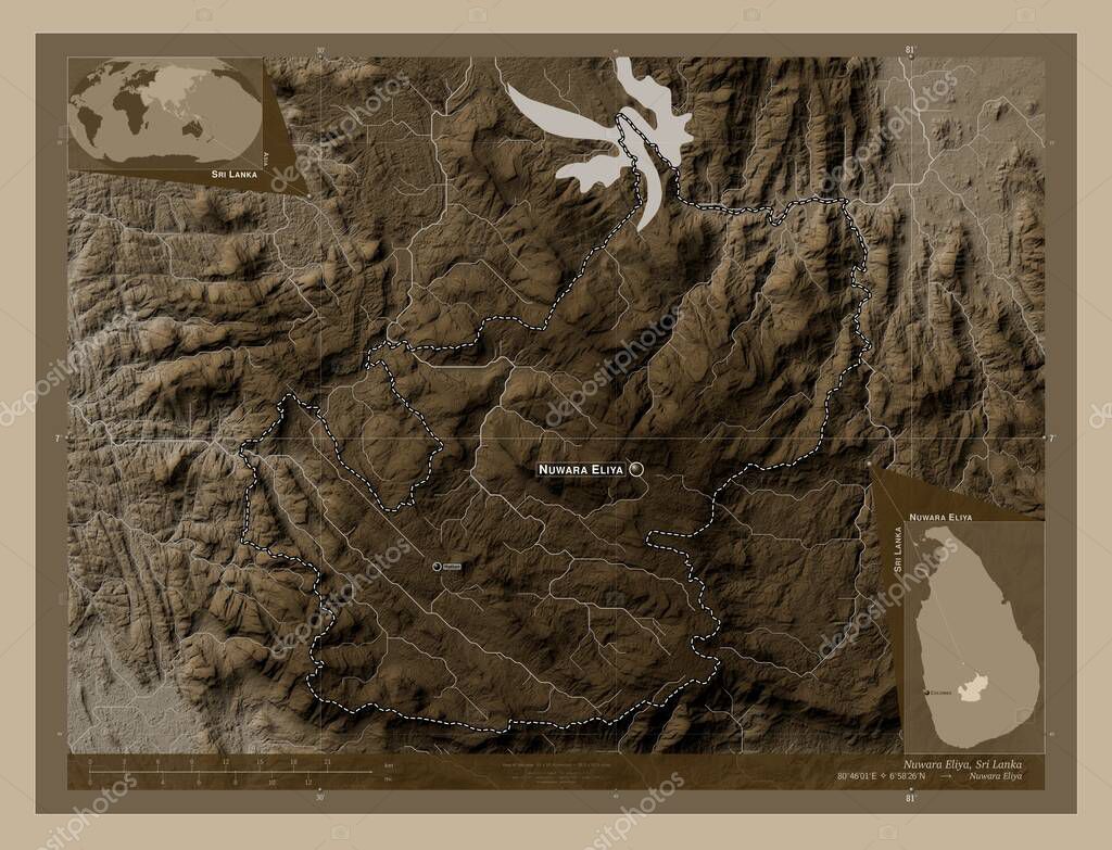 Nuwara Eliya, district of Sri Lanka. Elevation map colored in sepia ...