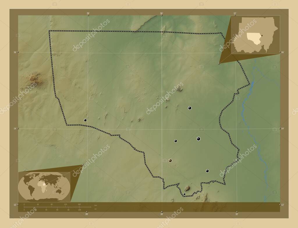 North Kurdufan, state of Sudan. Colored elevation map with lakes and ...