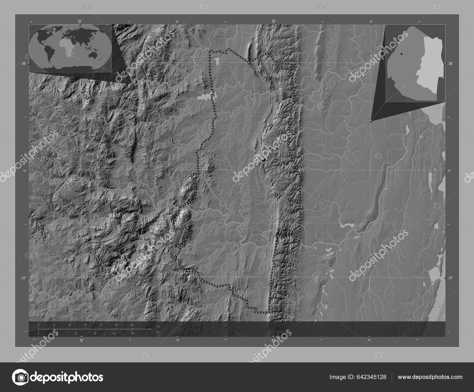 Lubombo District Eswatini Bilevel Elevation Map Lakes Rivers Corner ...
