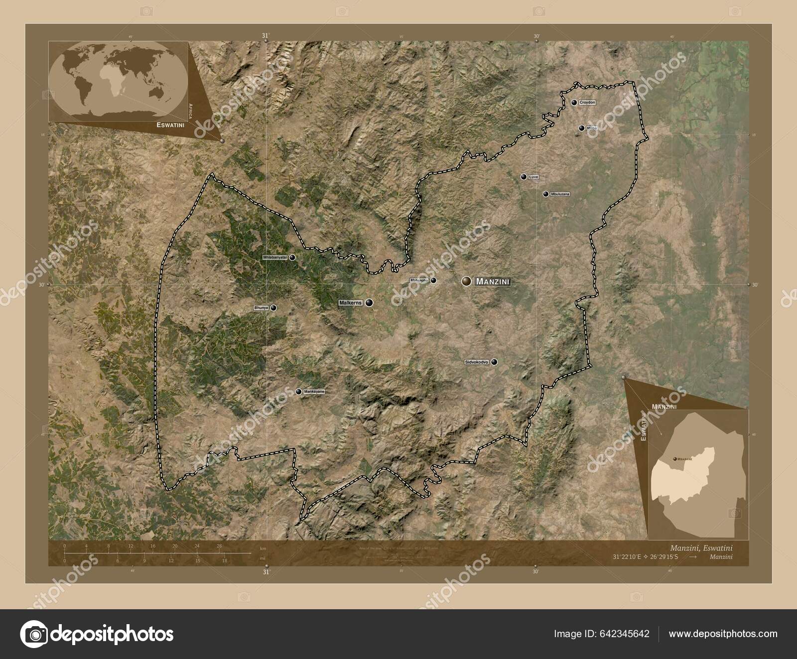 Manzini District Eswatini Low Resolution Satellite Map Locations Names ...