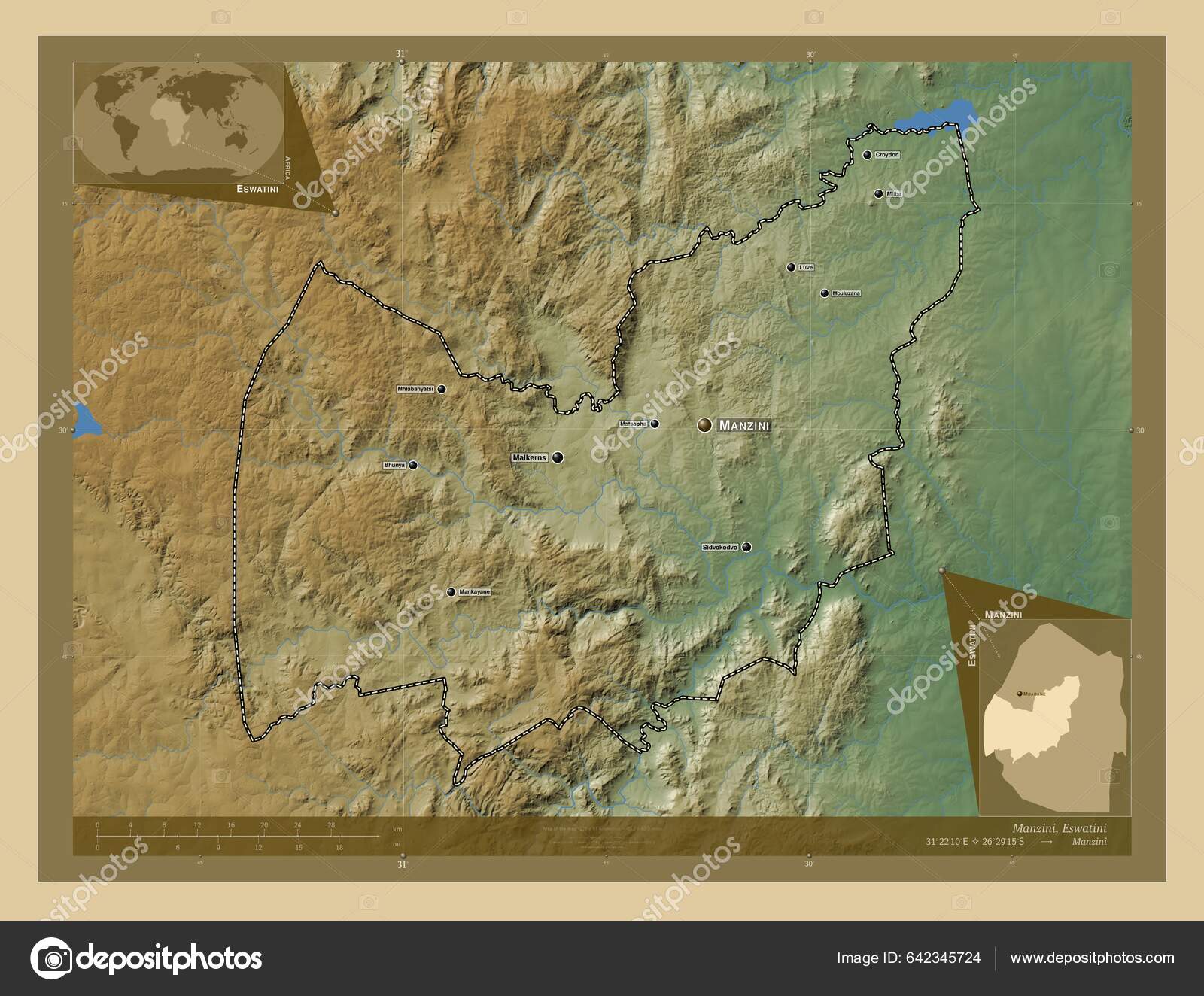 Manzini District Eswatini Colored Elevation Map Lakes Rivers Locations ...