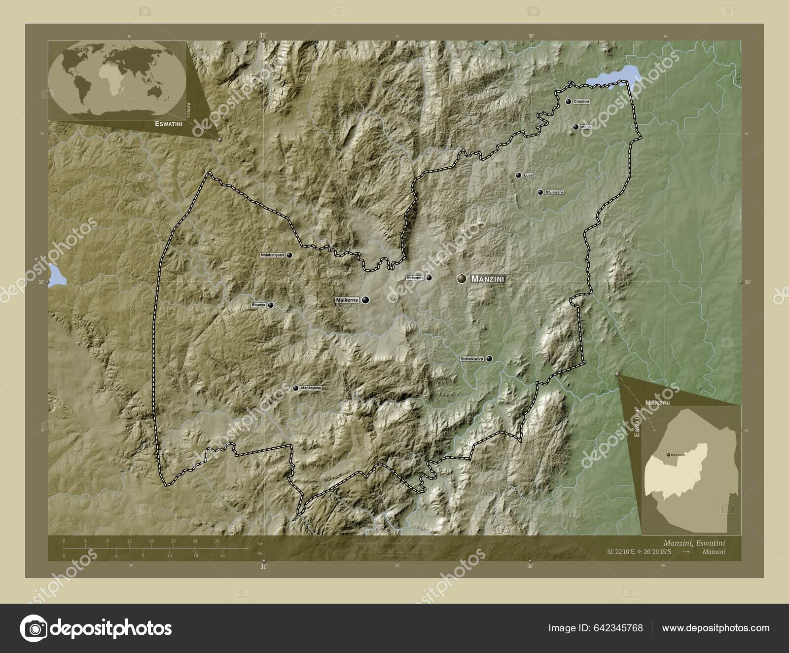 Manzini District Eswatini Elevation Map Colored Wiki Style Lakes Rivers ...
