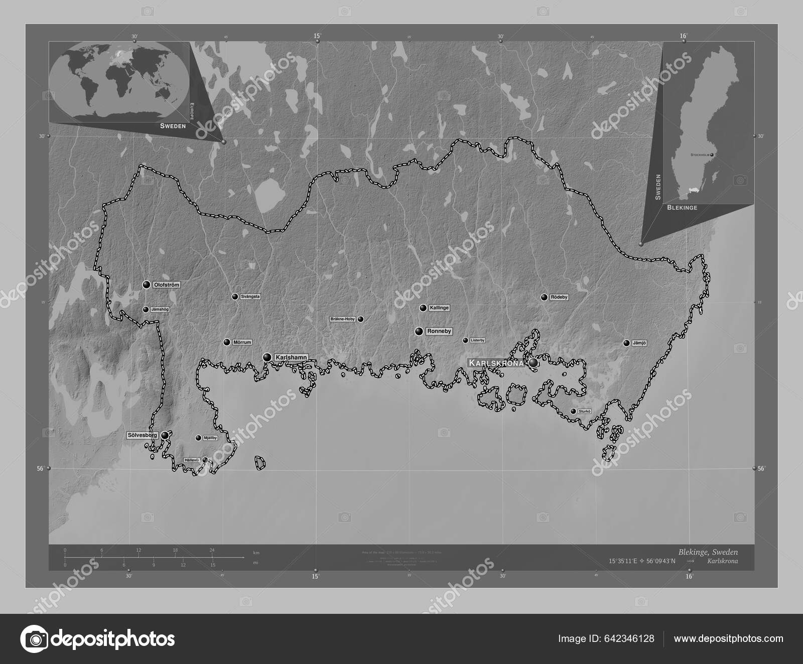 Blekinge County Sweden Grayscale Elevation Map Lakes Rivers Locations ...