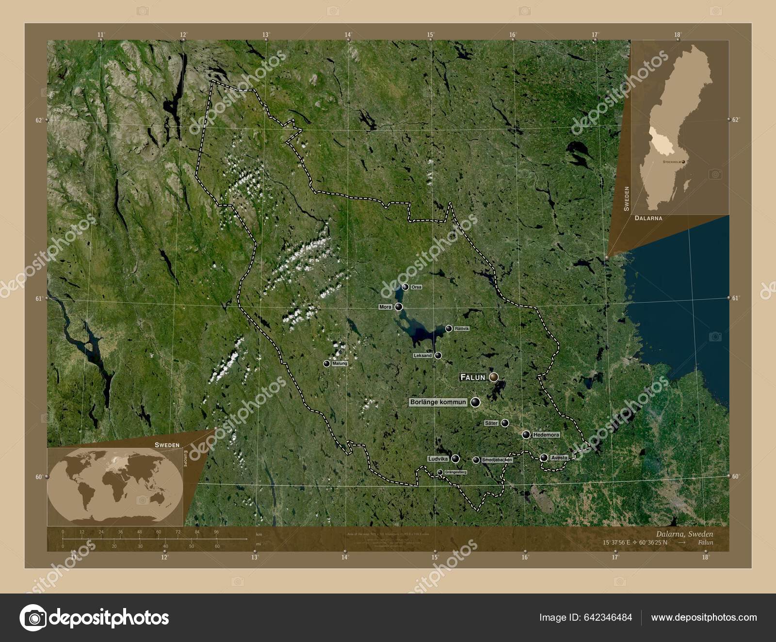 Dalarna County Sweden Low Resolution Satellite Map Locations Names ...