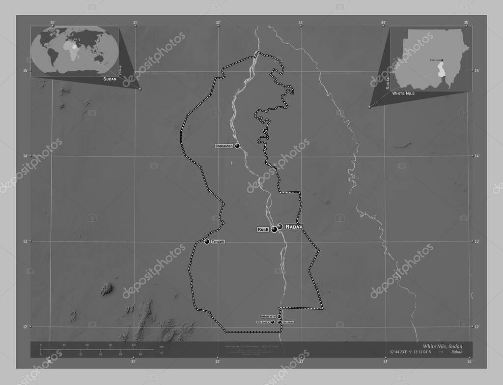 Nilo Blanco, estado de Sudán. Mapa de elevación a escala de grises con ...