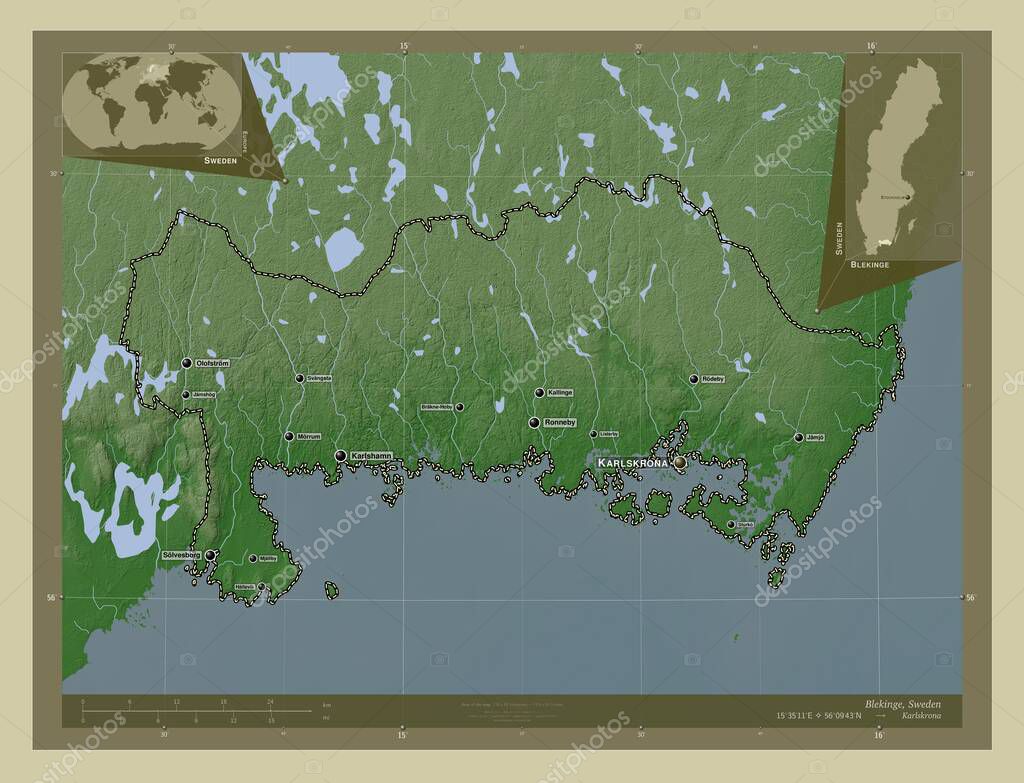 Blekinge, condado de Suecia. Mapa de elevación coloreado en estilo wiki ...