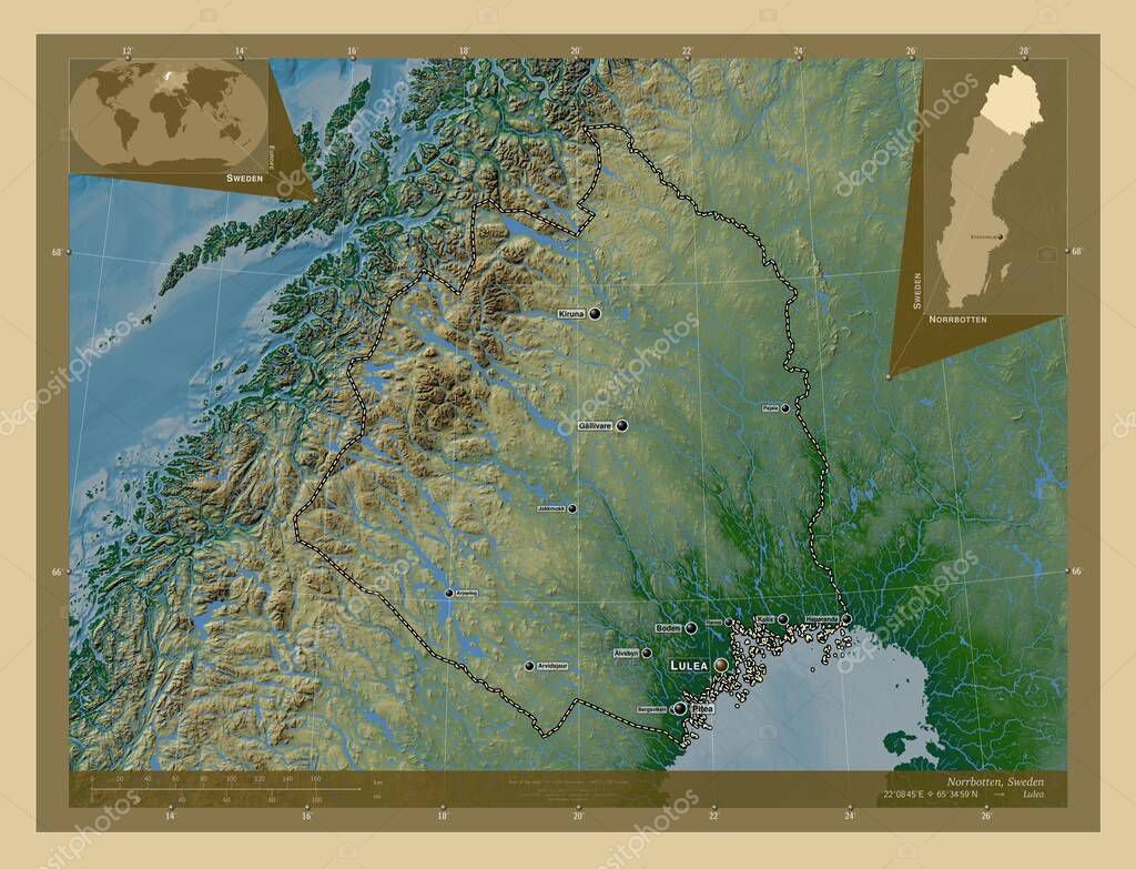 Norrbotten, county of Sweden. Colored elevation map with lakes and ...