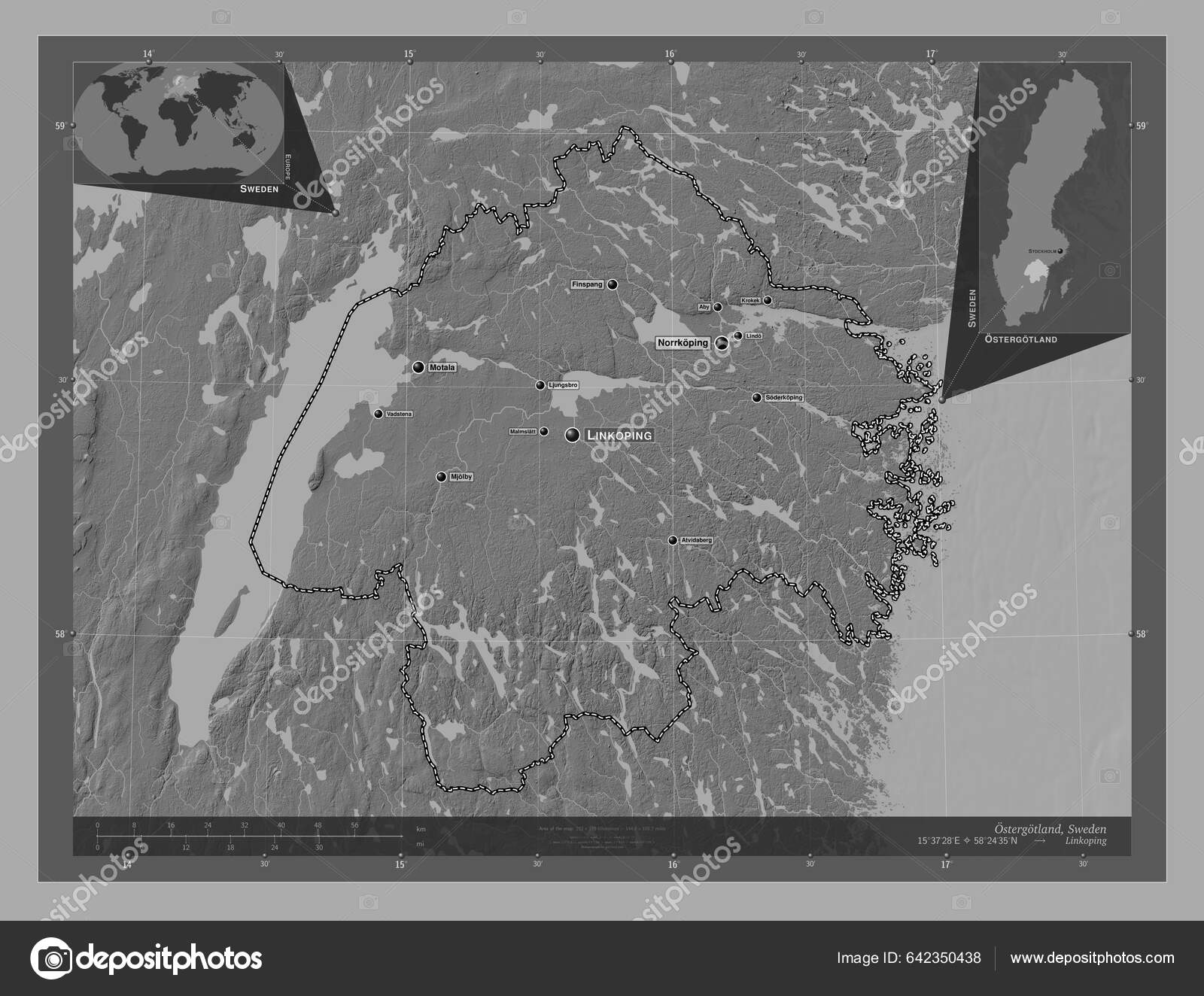 Ostergotland County Sweden Bilevel Elevation Map Lakes Rivers Locations ...