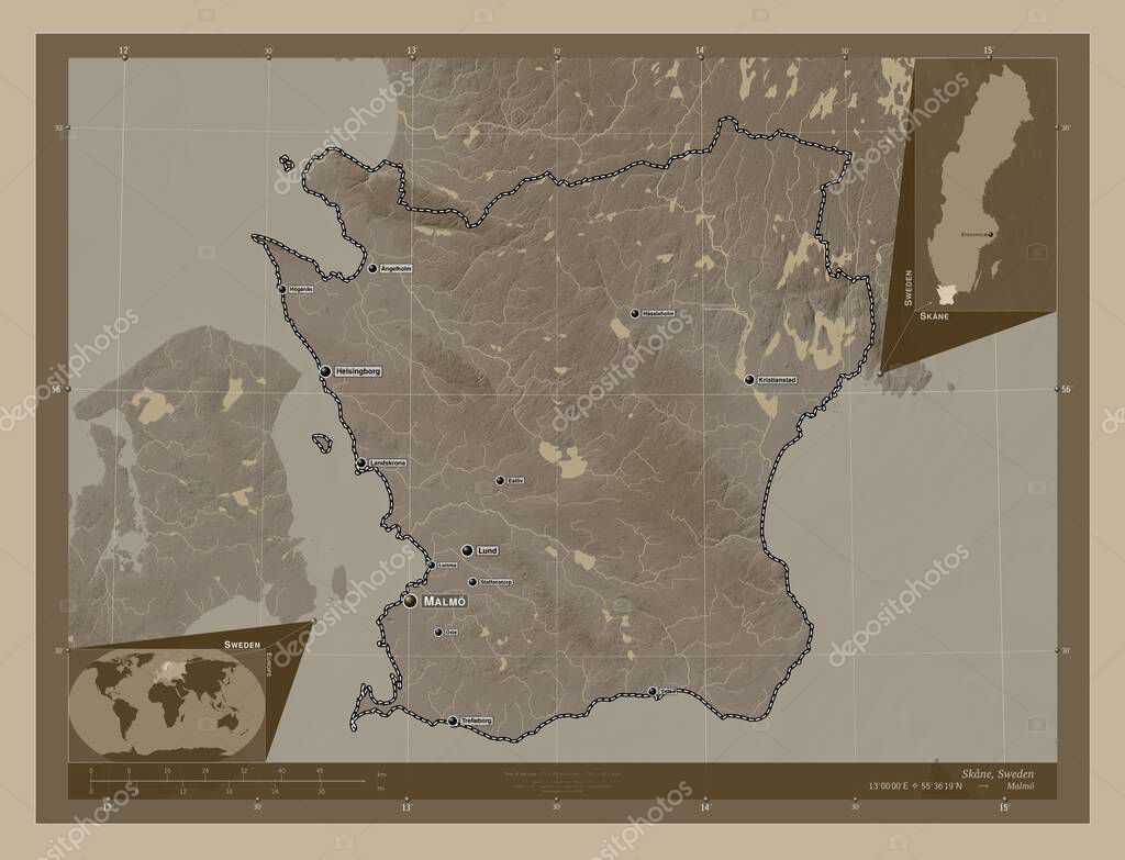 Skane, condado de Suecia. Mapa de elevación coloreado en tonos sepia ...