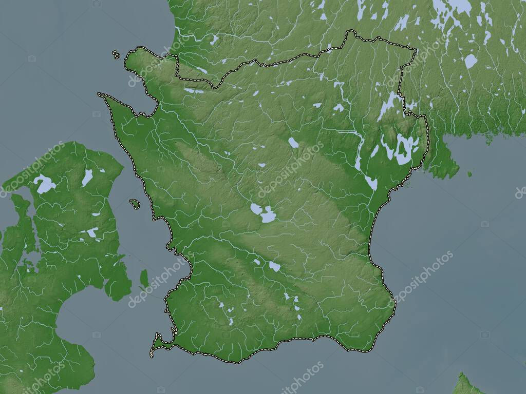 Skane, county of Sweden. Elevation map colored in wiki style with lakes ...