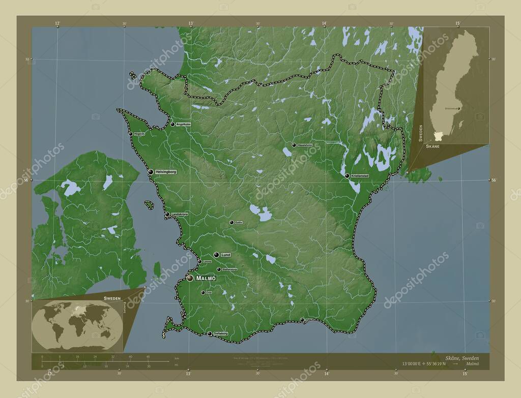 Skane, county of Sweden. Elevation map colored in wiki style with lakes ...