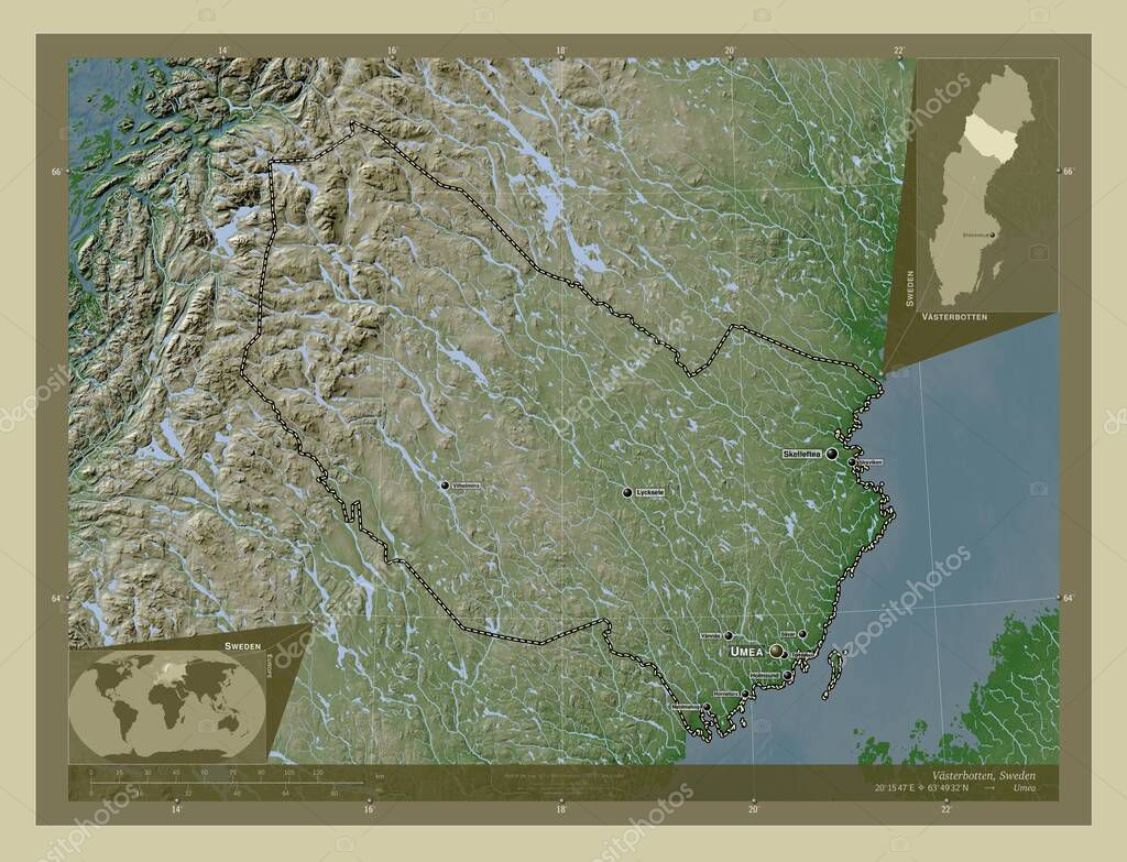 Vasterbotten, county of Sweden. Elevation map colored in wiki style ...