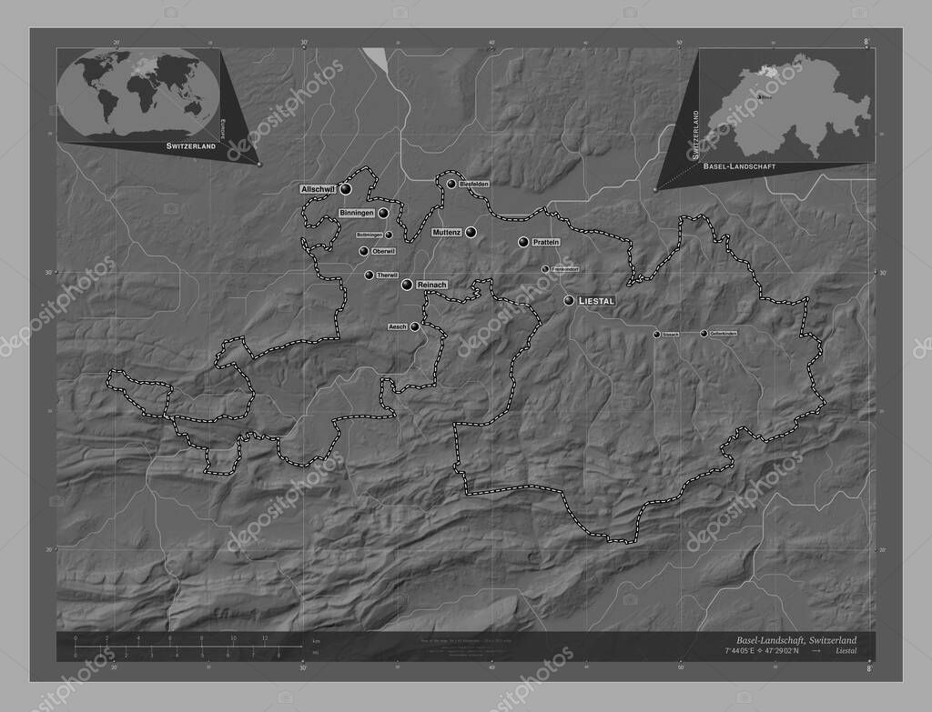 Basilea-Landschaft, cantón de Suiza. Mapa de elevación de Bilevel con ...