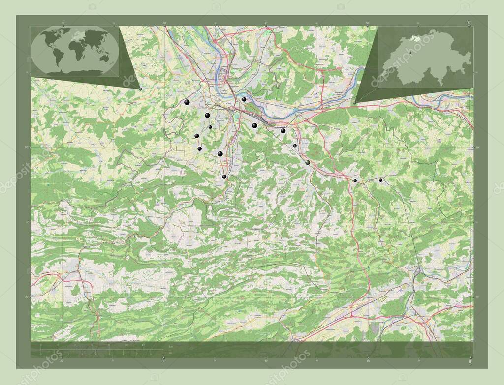 Basel-Landschaft, canton of Switzerland. Open Street Map. Locations of ...