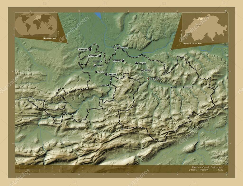 Basel-Landschaft, canton of Switzerland. Colored elevation map with ...