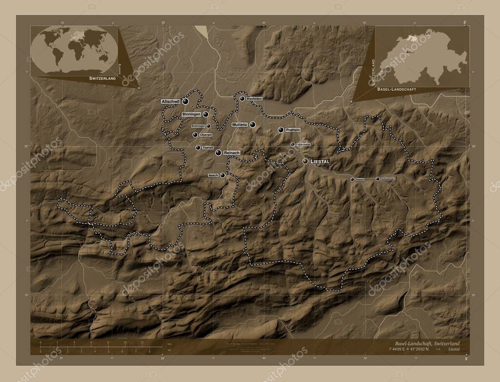 Basilea-Landschaft, cantón de Suiza. Mapa de elevación coloreado en ...