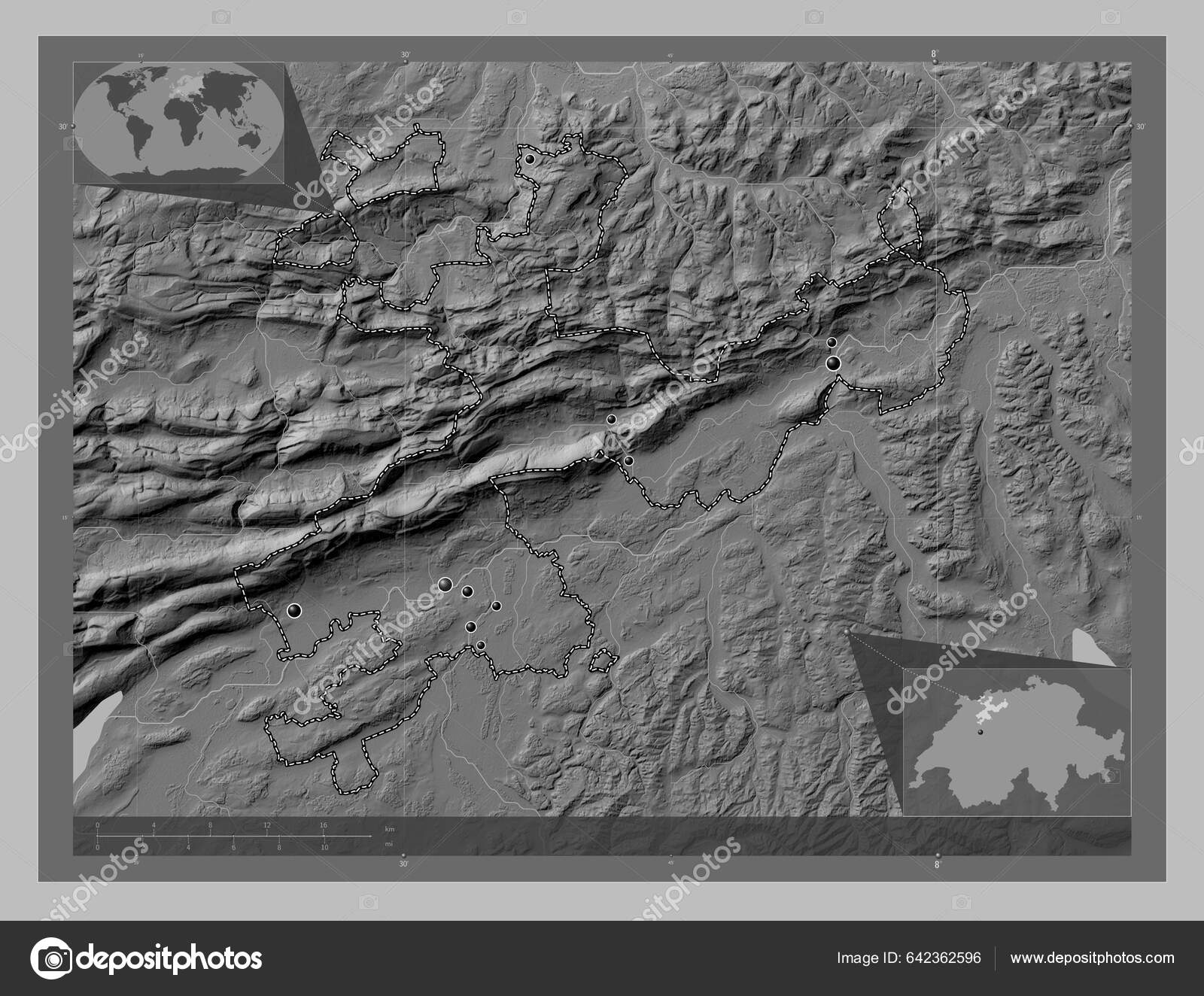 Solothurn Canton Switzerland Grayscale Elevation Map Lakes Rivers ...