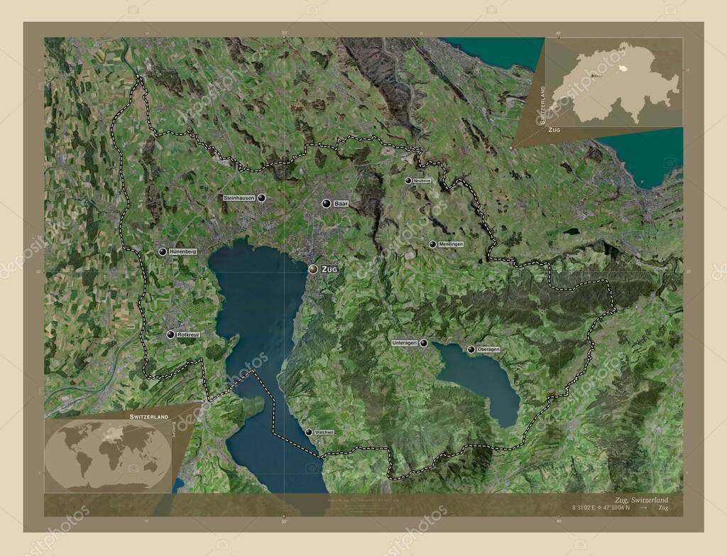Zug, canton of Switzerland. High resolution satellite map. Locations ...