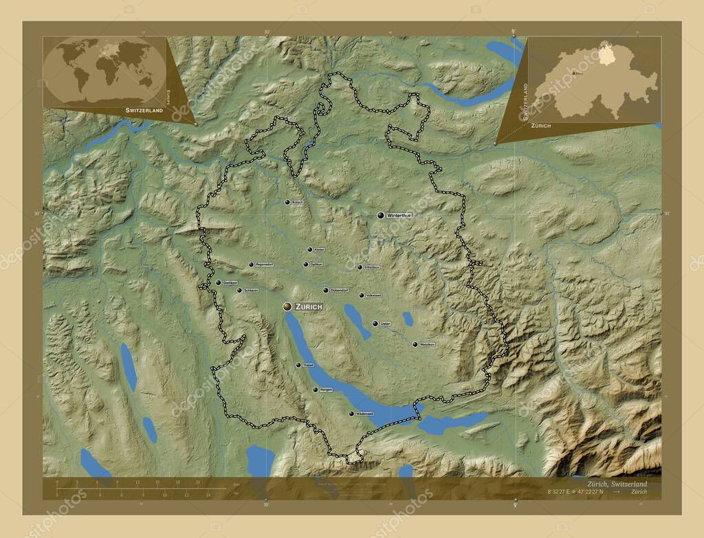 Zurich, cantón de Suiza. Mapa de elevación de colores con lagos y ríos ...
