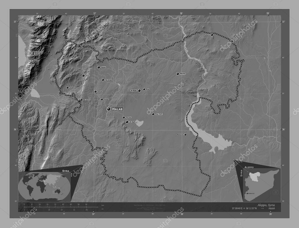 Aleppo, province of Syria. Bilevel elevation map with lakes and rivers ...