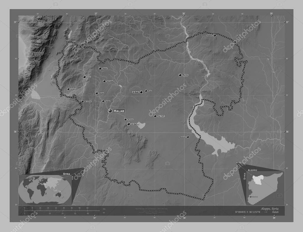 Aleppo, province of Syria. Grayscale elevation map with lakes and ...