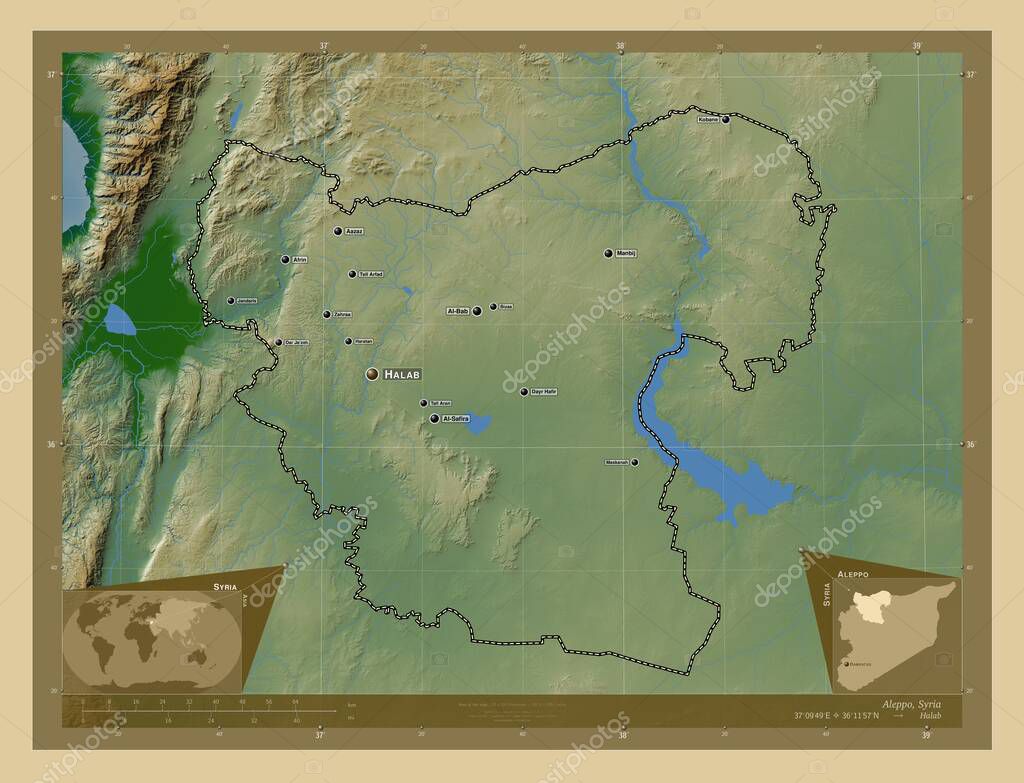 Aleppo, province of Syria. Colored elevation map with lakes and rivers ...